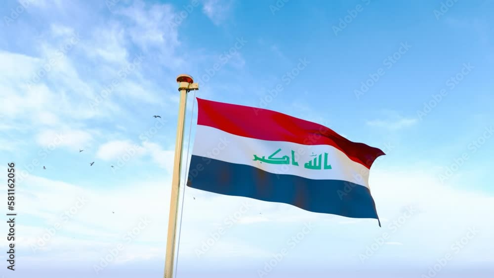 Flag of Iraq Waving in the wind, Sky and Sun Background, Realistic ...