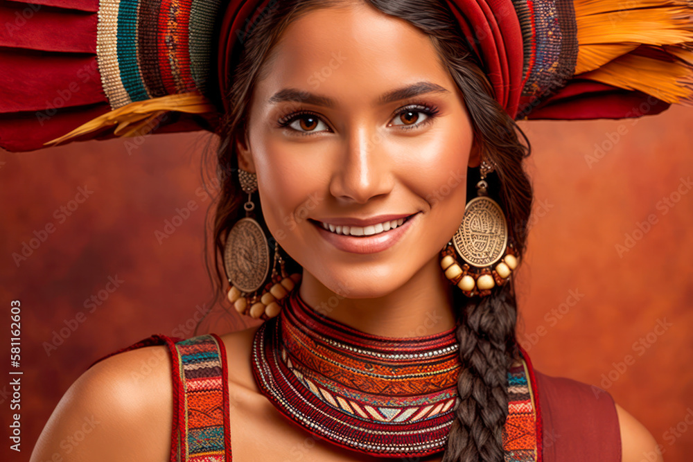 Beautiful Smiling Aztec Mexican woman in traditional clothes. Posing on ...