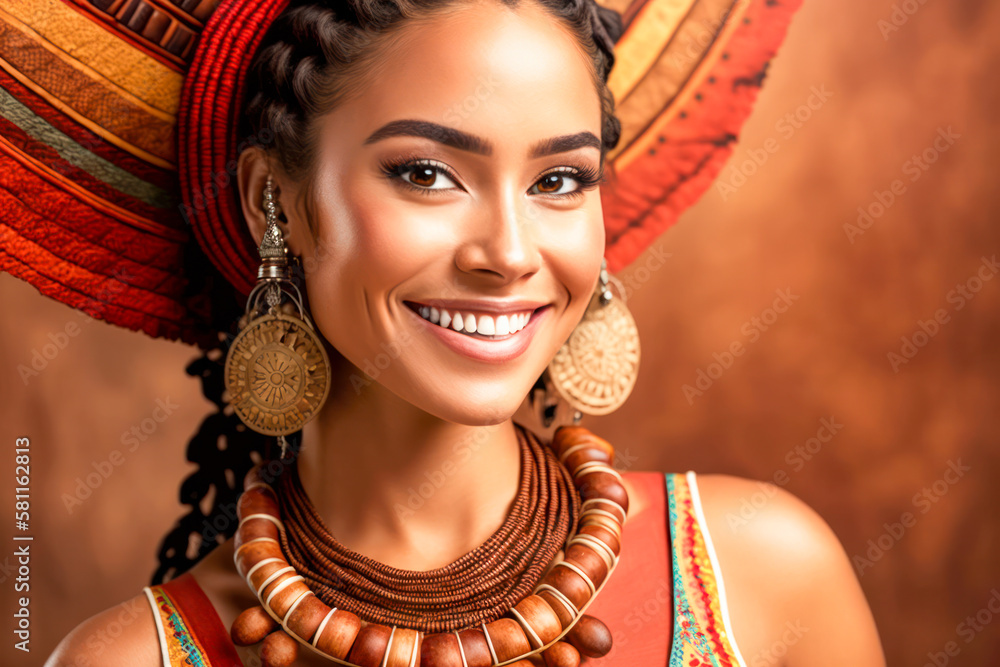 Beautiful Smiling Aztec Mexican woman in traditional clothes. Posing on ...