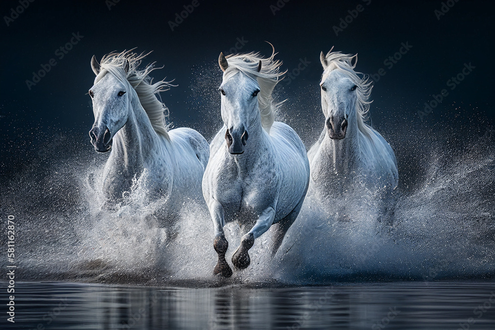 Three Camargue wild white horses running on a beach,water splash,front ...