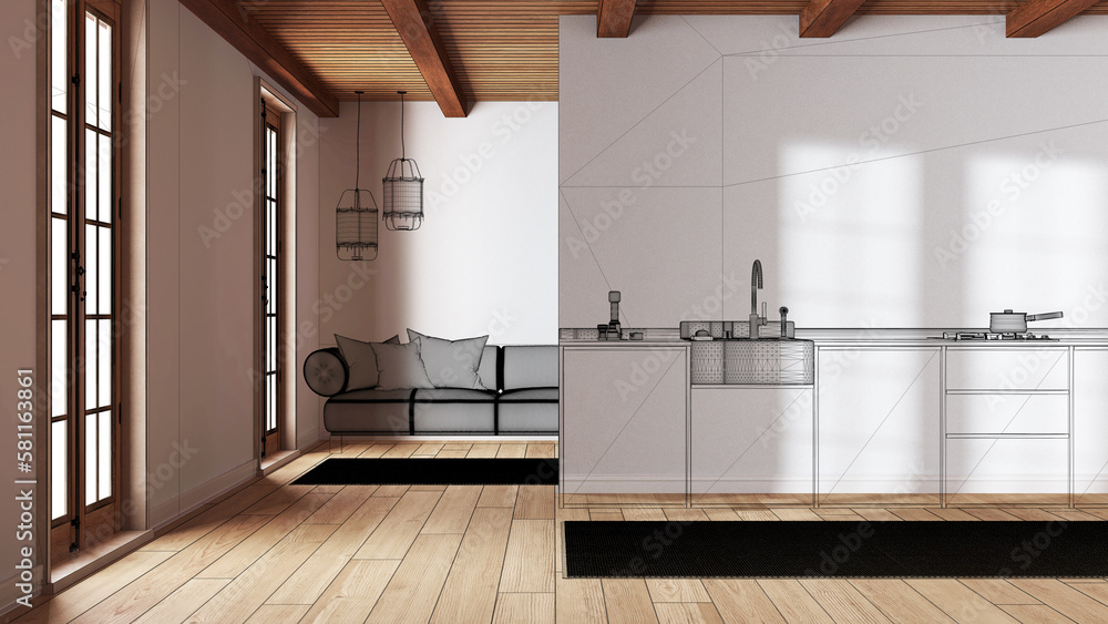 Empty white interior with parquet floor, custom architecture design ...