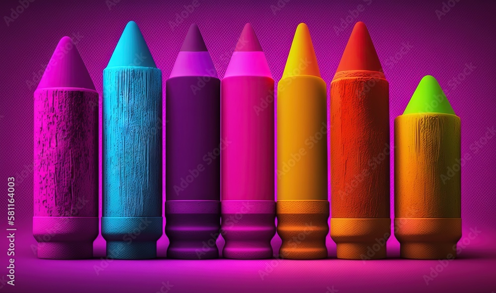 a row of colored crayons on a purple background with a purple ...