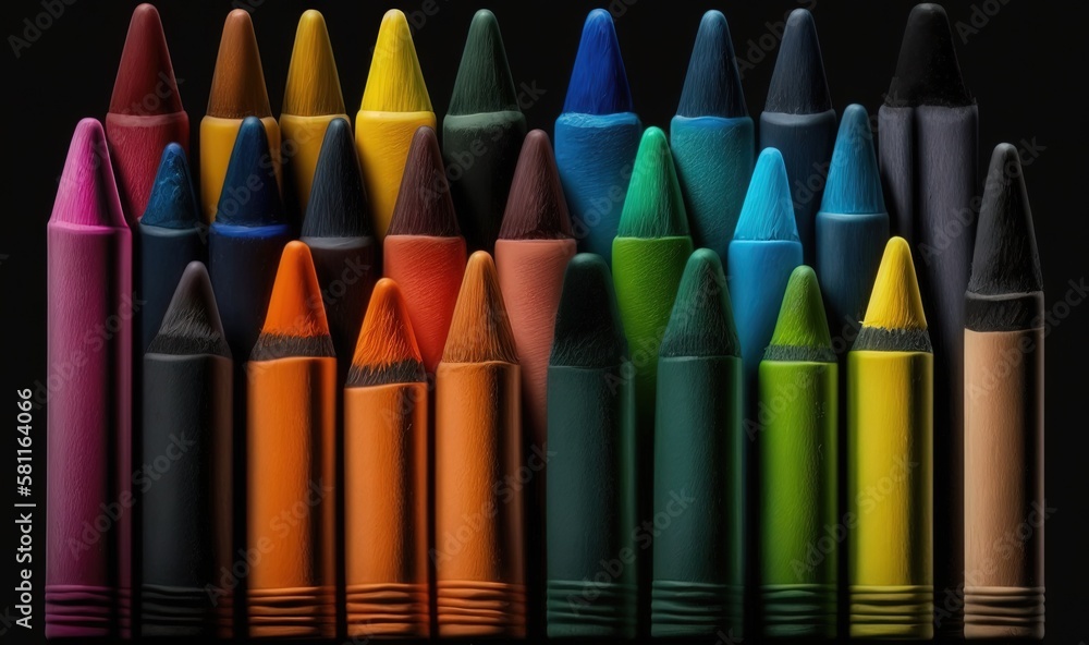 a group of different colored crayons lined up in a row on a black ...