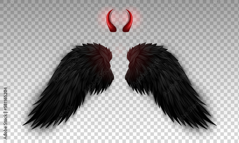 Devil horns and black wings isolated on transparent background. Monster ...
