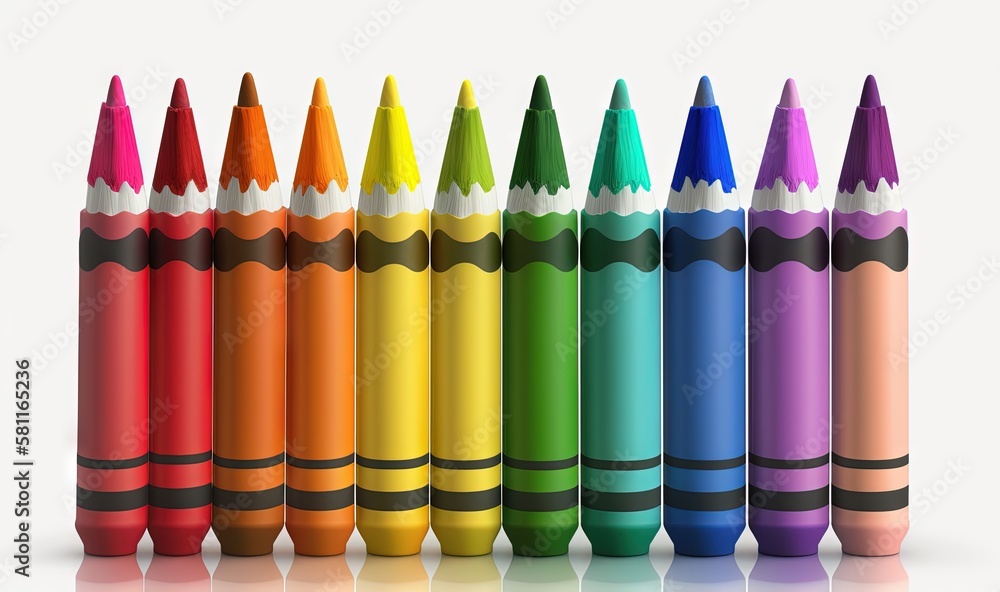a row of colored crayons lined up in a straight line on a white ...