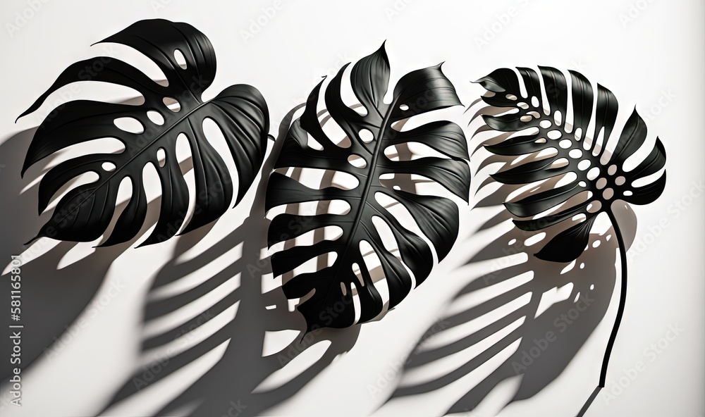 a shadow of three leaves on a white wall with a shadow of the leaves on ...