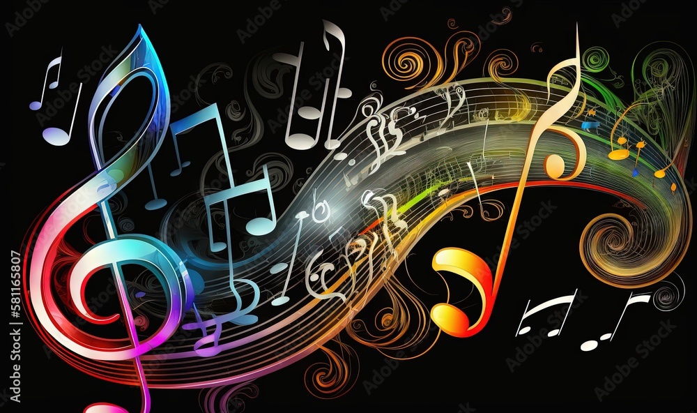 a colorful music note with musical notes on a black background with ...
