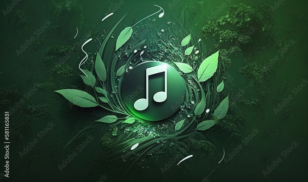 a green music note with leaves around it on a dark green background ...