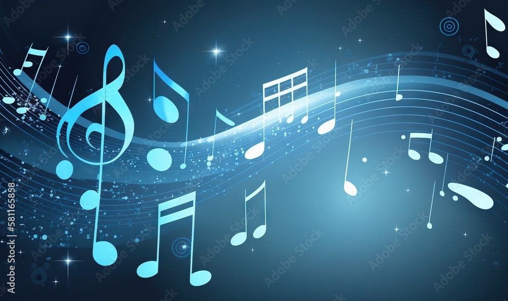 a blue background with musical notes and stars in the sky and stars in ...