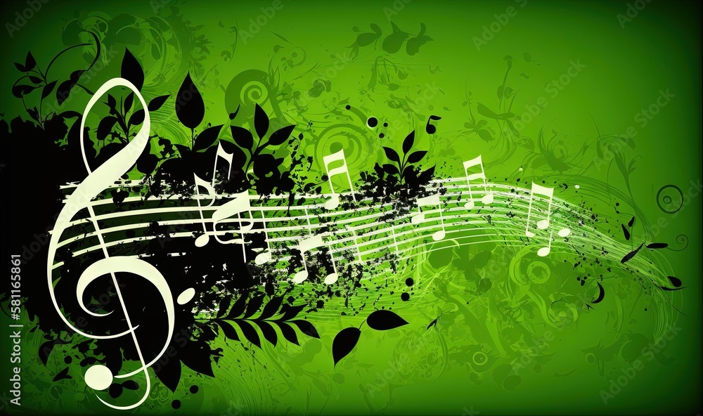a green music background with musical notes and leaves on a green ...