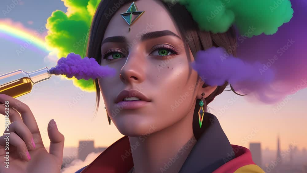 A cute young girl smokes a narcotic substance in puffs of rainbow smoke ...