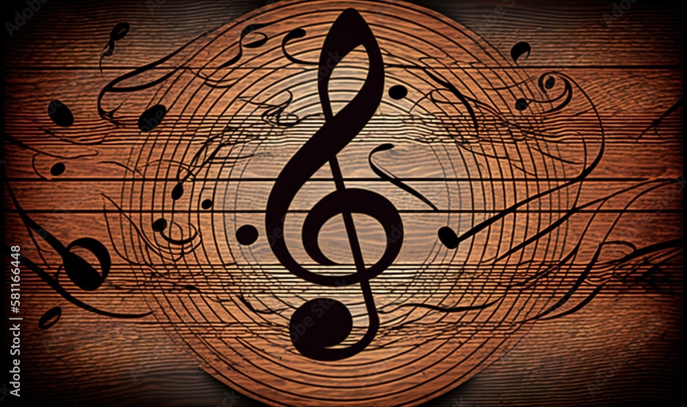 a wooden background with a treble and music notes on it's sides and a ...
