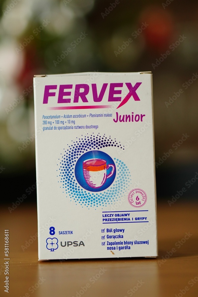 Soft focus of a box of Fervex Junior pain killer medication with Polish ...