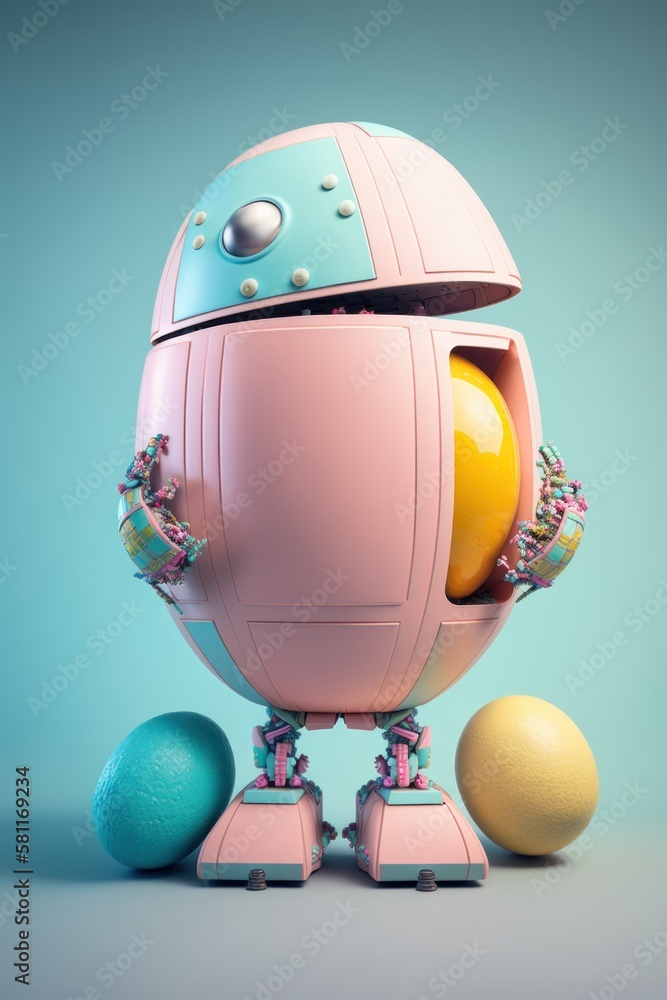 Pastel pink robot Easter egg, a cute little spring cyborg in a metal ...