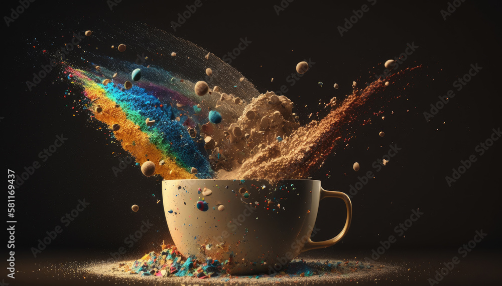 Abstract colorful Coffee in cup with falling of different colors and ...