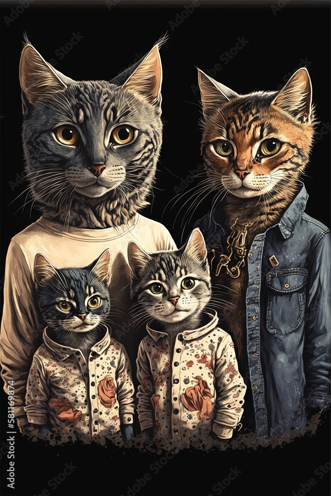 a painting of three cats standing next to each other on a black ...