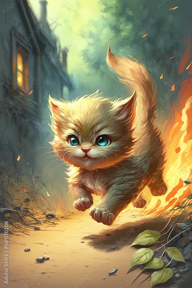 a painting of a kitten running through a fire lane with a house on fire ...