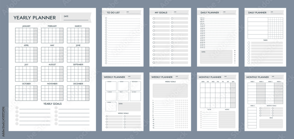Planner page templates for year, month and everyday scheduling vector ...