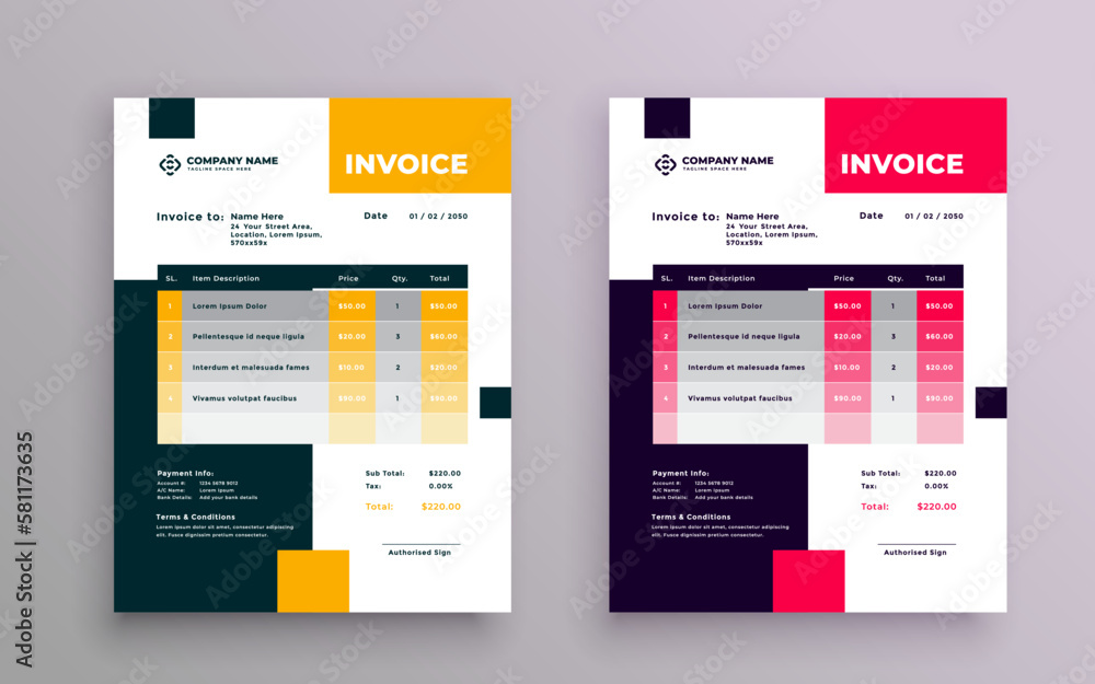 Professional corporate business invoice design in yellow and pink color ...