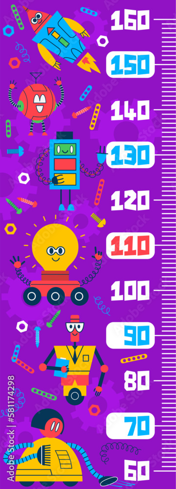 Kids height chart ruler, cartoon robot and droid characters growth ...
