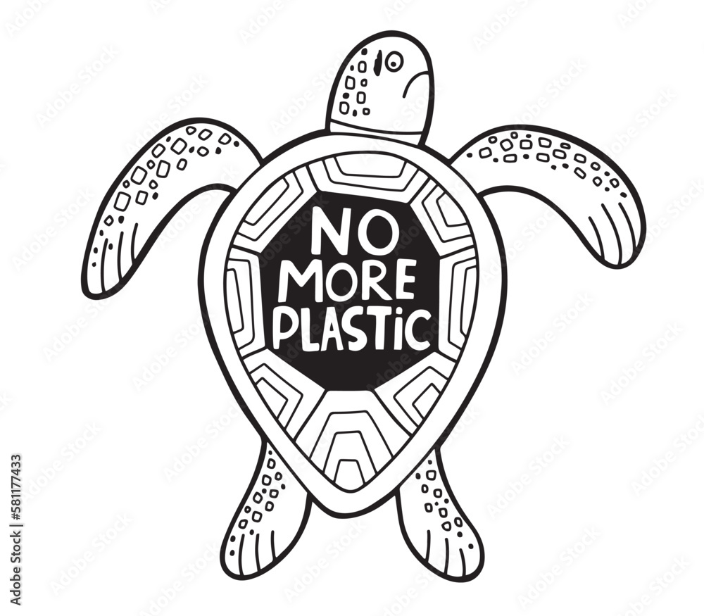 Vetor de Hand drawn sad turtle, with message on shell - No more plastic ...
