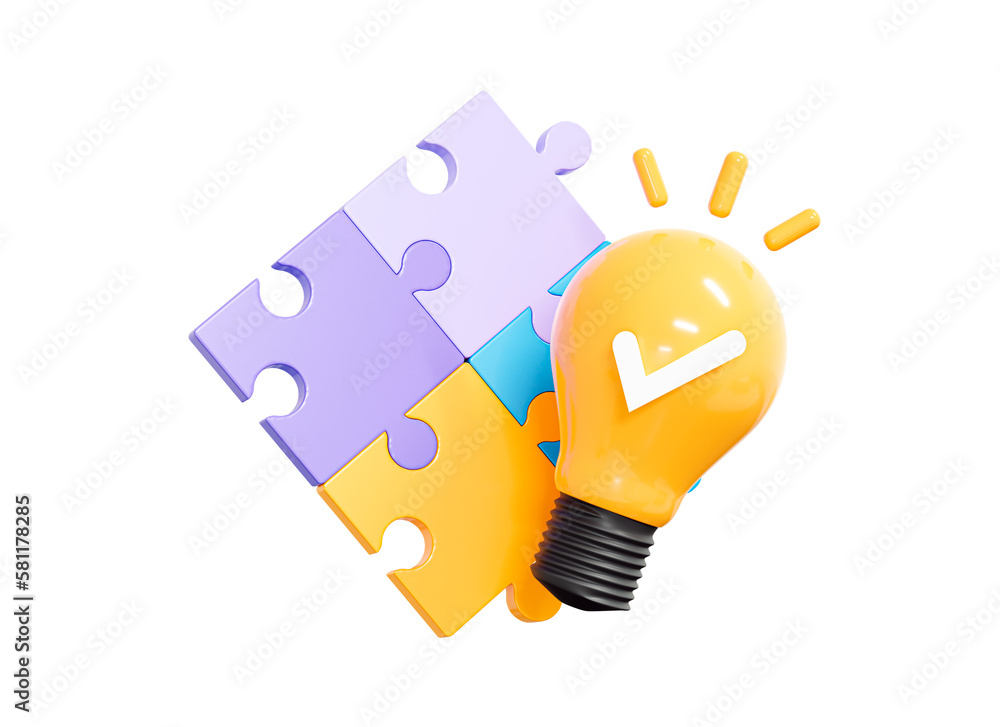 3D Puzzle pieces with light bulb. Business success. Marketing ideas and ...