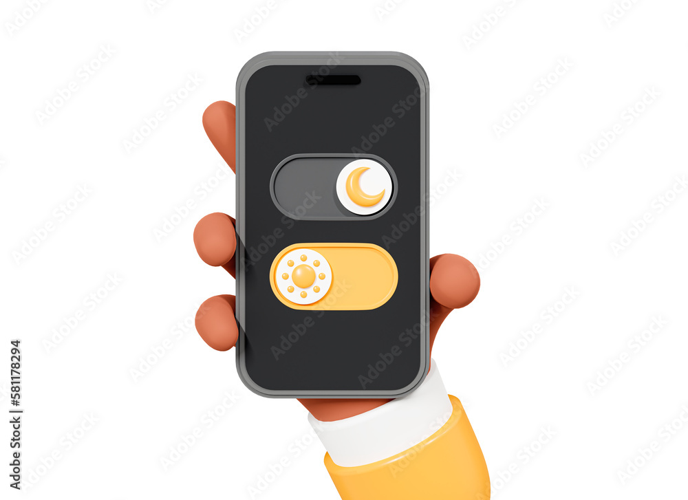 3D Hand holding mobile phone with day and night mode. Toggle switch ...