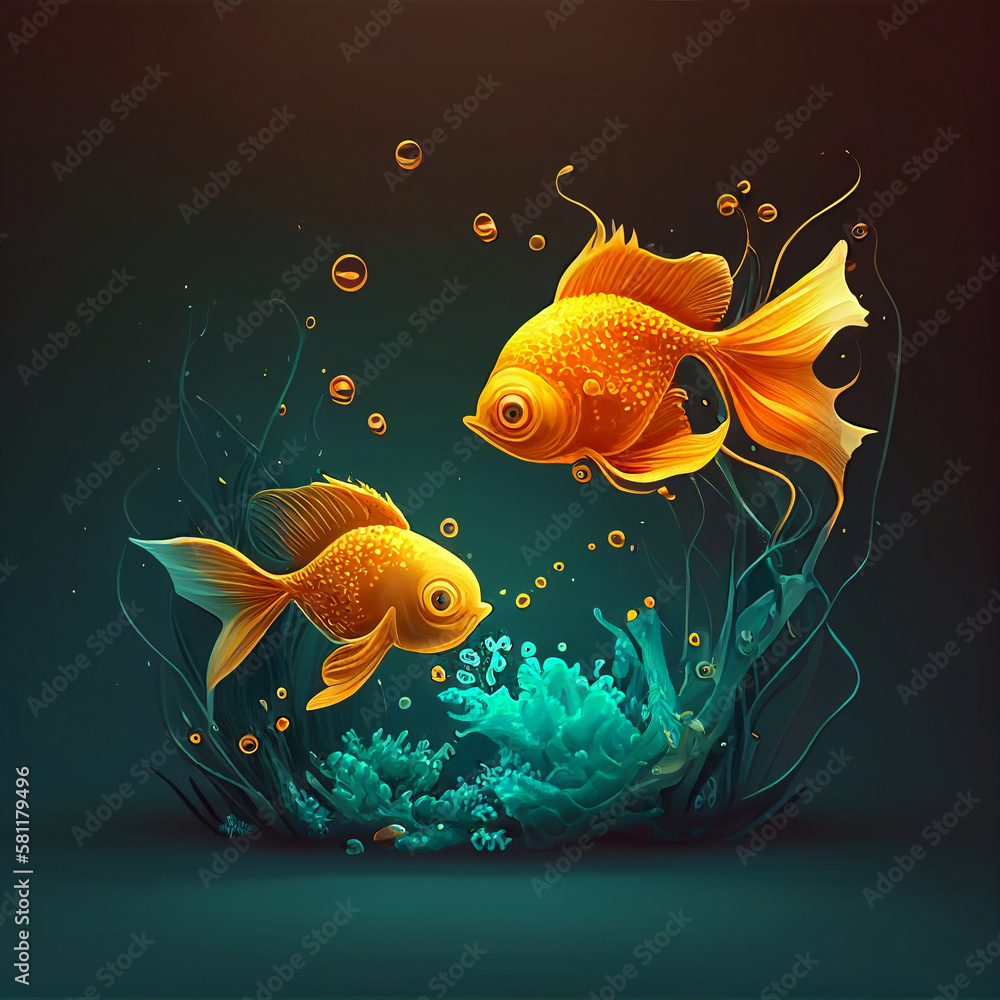 Gold fishes on the blue background. Vector graphic design of fish ...