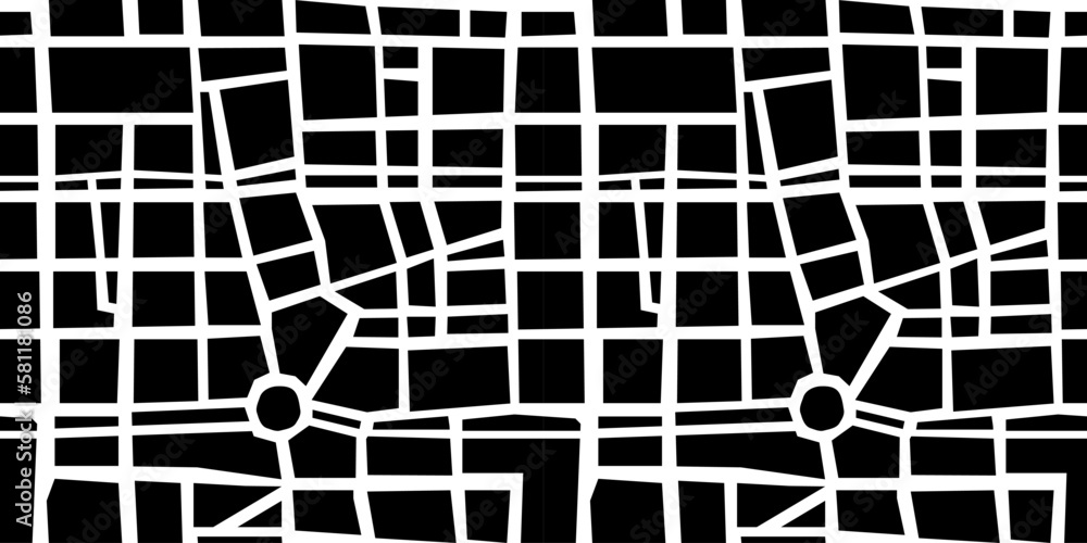 Abstract geometric city map illustration seamless pattern. Black and ...