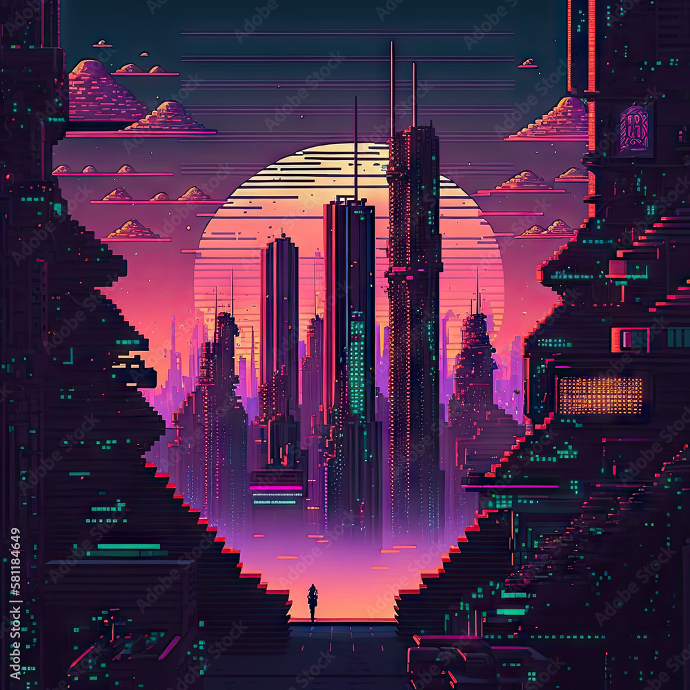 Futuristic Metropolis: A Pixelated Vision of a Vibrant Cityscape with ...