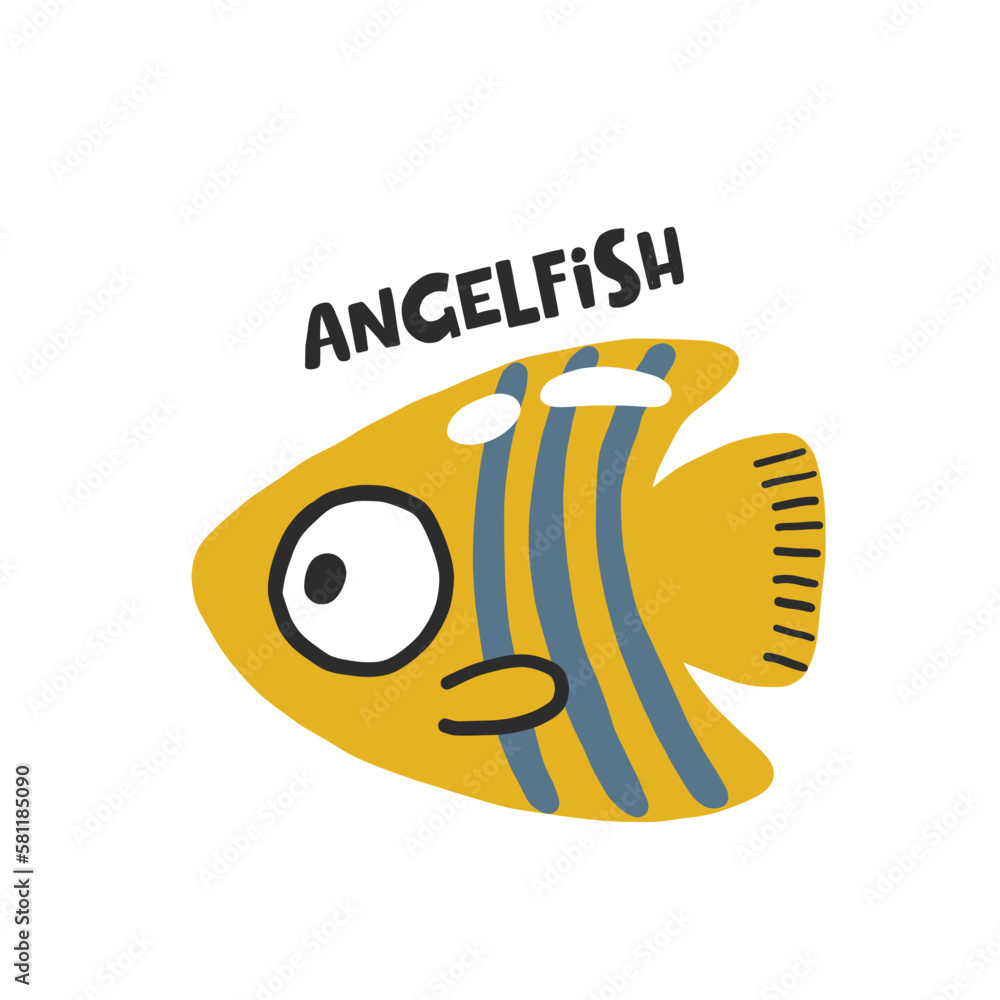 Angelfish. Hand drawn vector cartoon illustration for kids. Amusing Sea ...