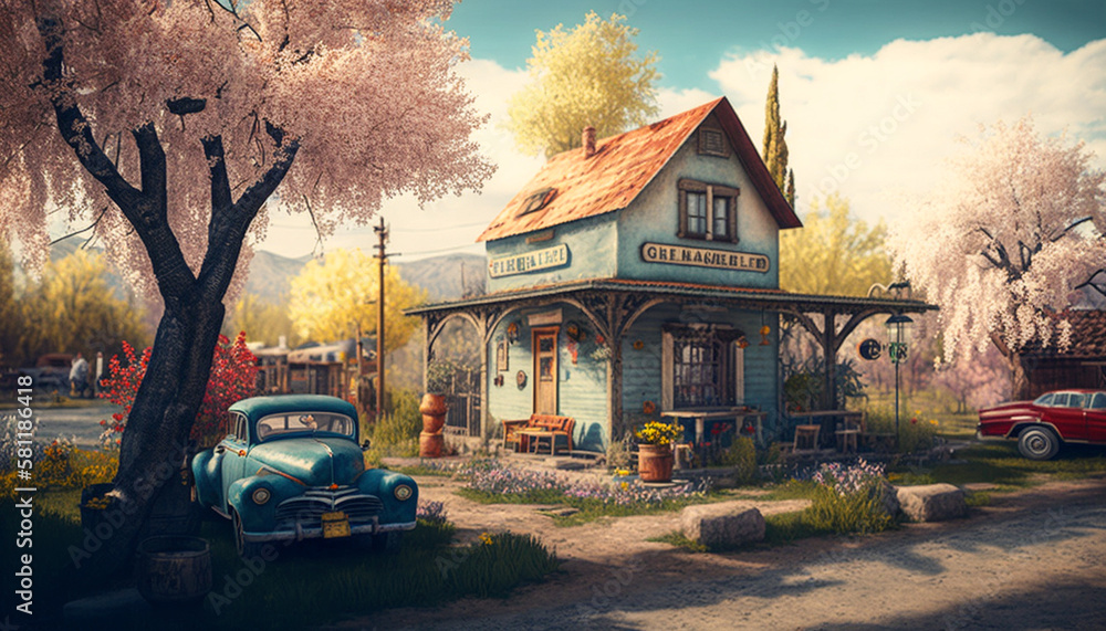 Vintage retro village with an Antique Classic Car, cheery blossom trees ...