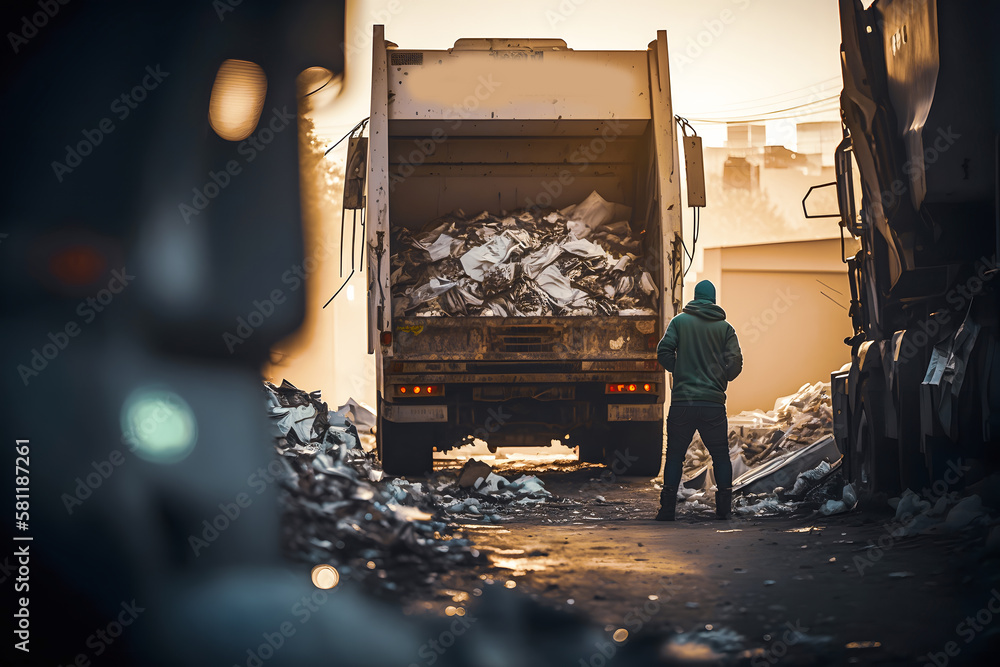 Man loads garbage into waste truck and takes it to landfill dump ...