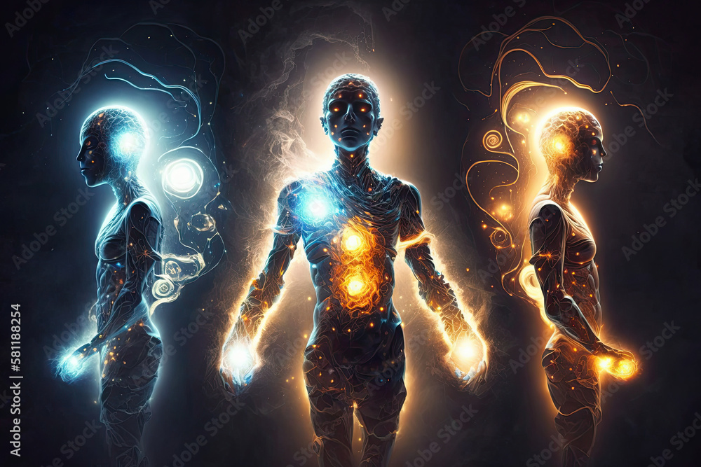 Astral body silhouette with abstract space background. Esoteric ...