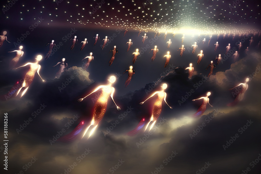 Levitating human souls in heaven. Astral body and after life concept ...