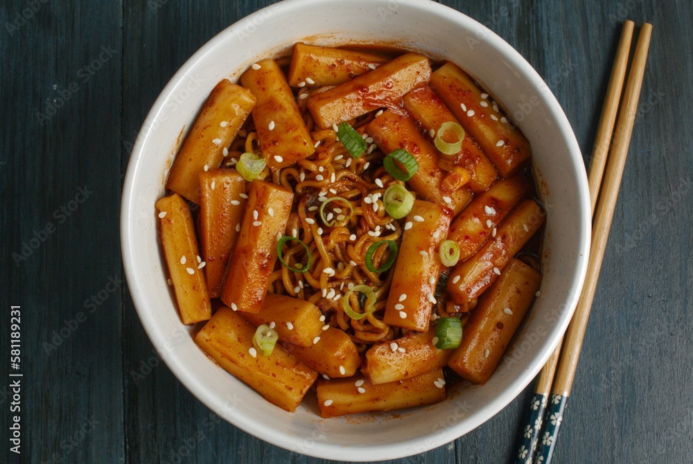 Rapokki or rabokki stand for ramyeon and teokpokki, a korean rice cake ...