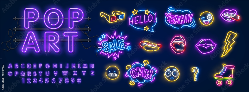 Great bundle neon icons collection. Pop art style. Banana and ice cream ...