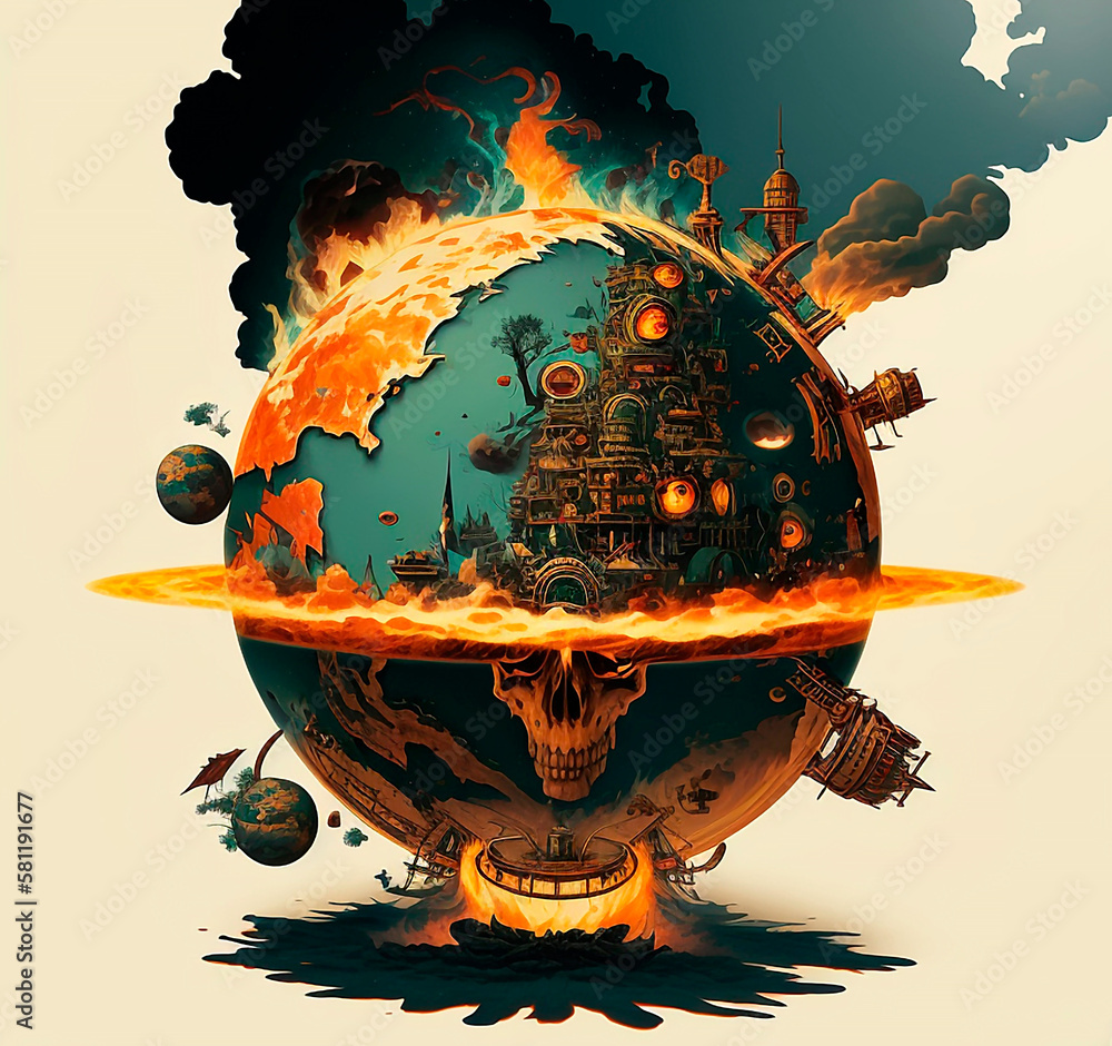 planet earth with bursts of explosions, fire and skull. Save the planet ...