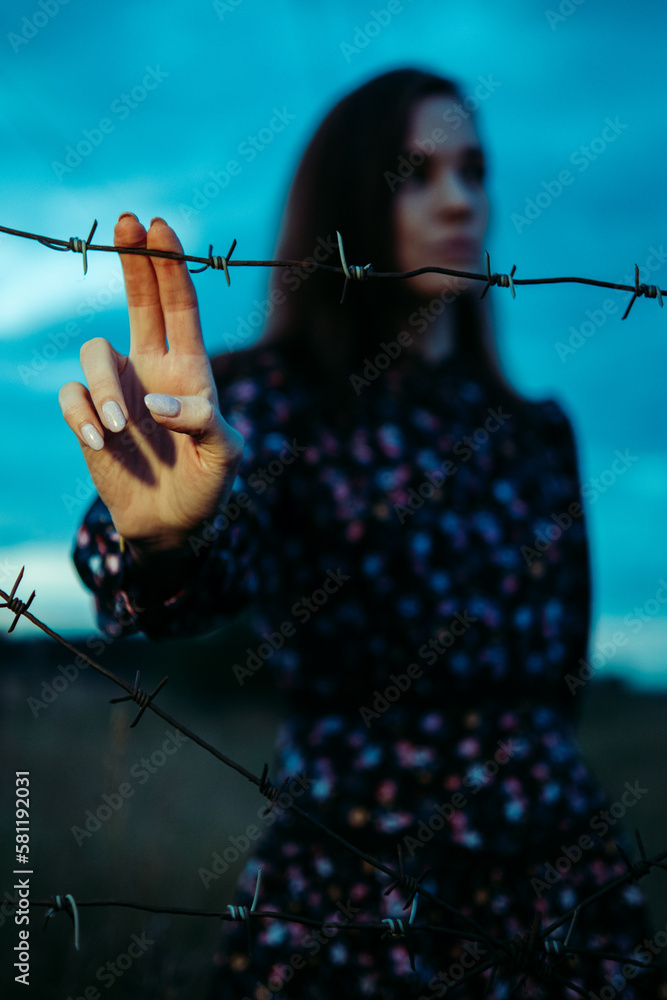 A girl in a dress stands in a field at night surrounded by barbed wire ...