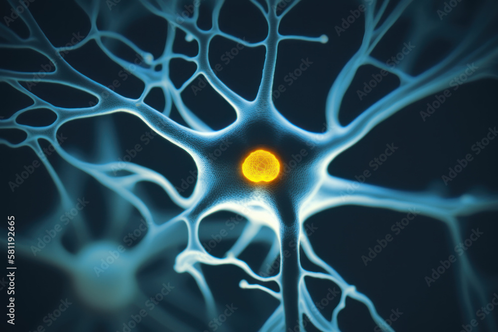 neurones, influx nerveux qui passe par les synapses, vue microscopique ...