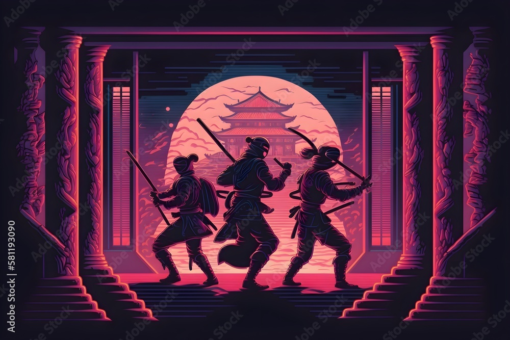 Ninjas inside a Japanese temple synthwave style | Samurai synthwave ...