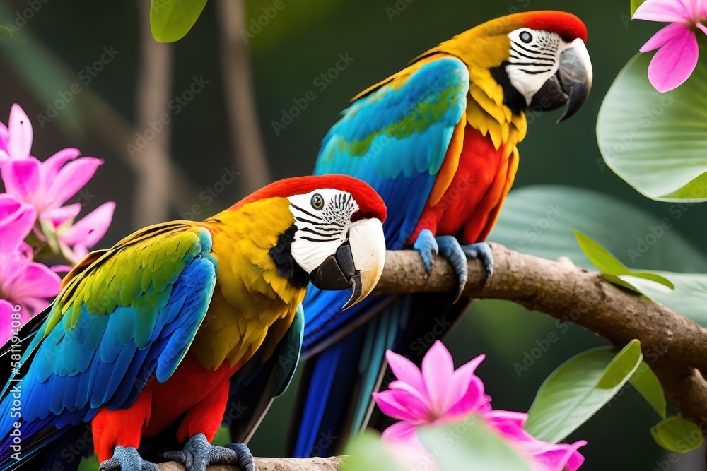 A flock of macaws in the treetops in a tropical rainforest, bright ...