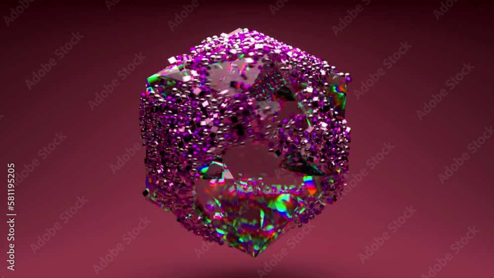 Abstract concept. A multi-faceted transparent gem rotates on a purple ...