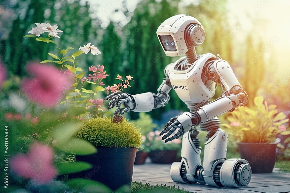 A humanoid robot with scissor - hands trimming a soignée well ...