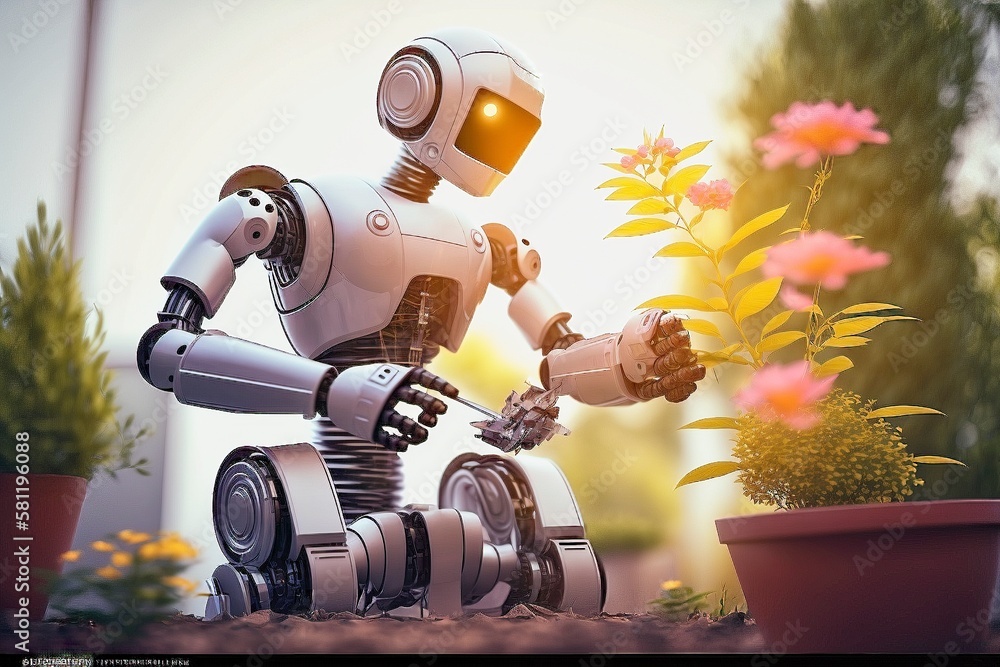 A humanoid robot with scissor - hands trimming a soignée well ...