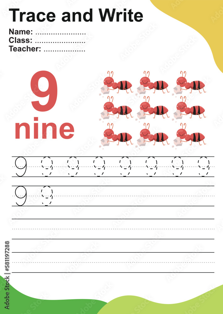 Trace and write number for children. Exercise for children to recognize ...