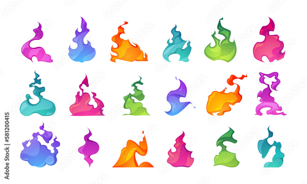 Vetor de Magic colorful fire. Cartoon fantasy magic spell and various ...