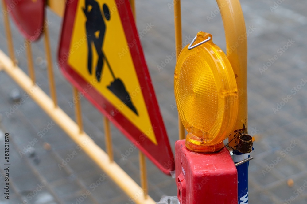 Signposting in a street due to refurbishment works. Construction site ...