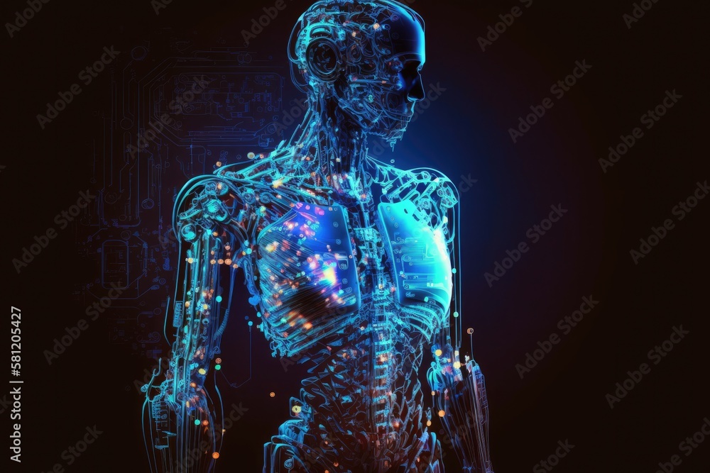 Robot or humanoid cyborg working with abstract tech hologram interface ...