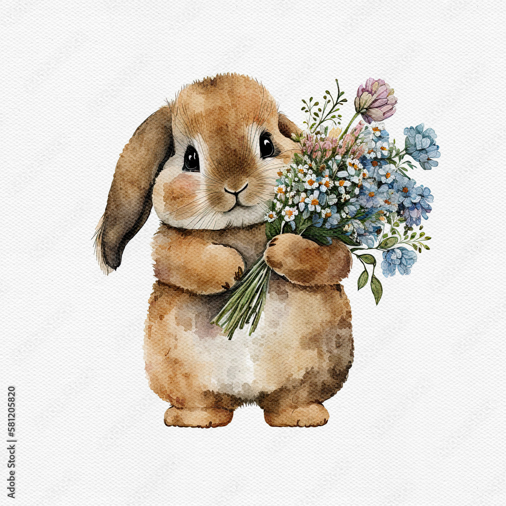 Watercolor cute bunny hold flower. Delicate spring illustration ...